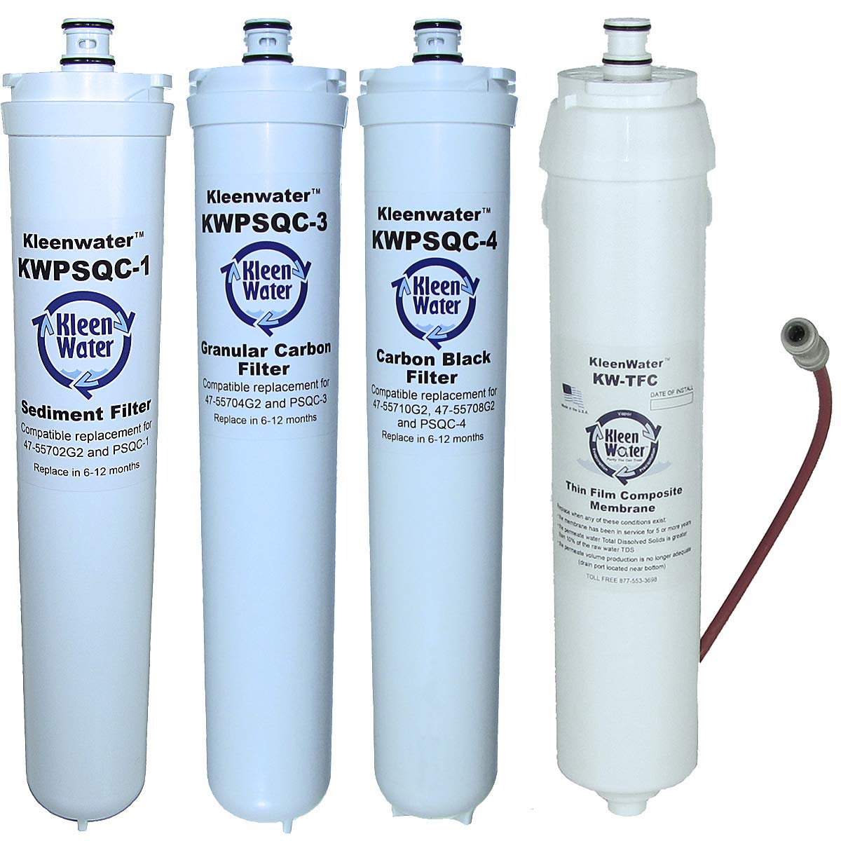 KleenWater Brand Filters and Membrane, Made in USA, Compatible with Ionics MicroMax 5500 Reverse Omosis System, Replacement Water Filters for 47-55702G2, 47-55704G2, 47-55710G2, 66-4706G2, Set of 4