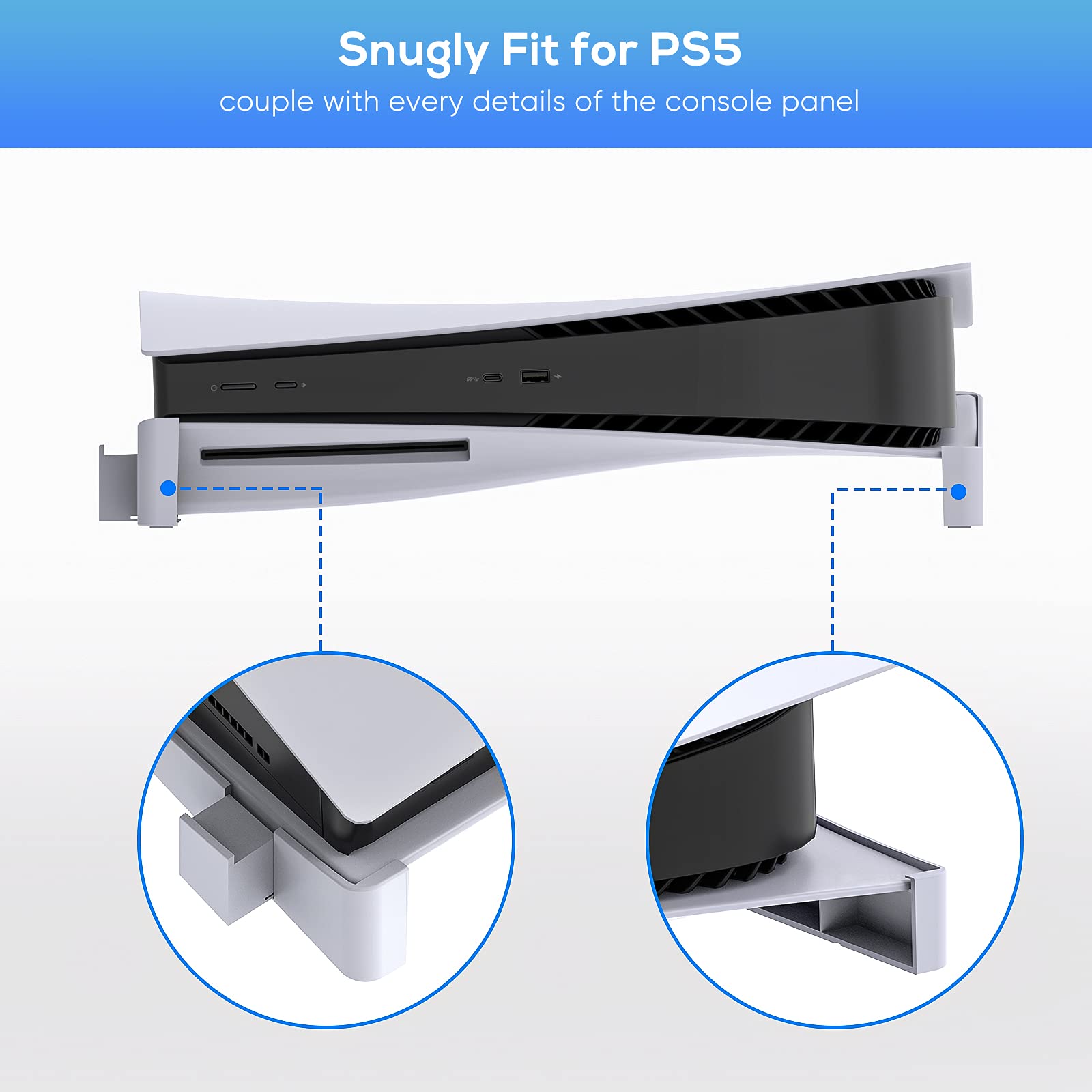 FASTSNAIL Horizontal Stand for PS5 Disc/Digital Edition, Console Lay Down Stand for PS5 with Adjustable Snap-in Bracket and Nonslip Rubber Feet, Gaming Accessories Kit Compatible with PlayStation 5