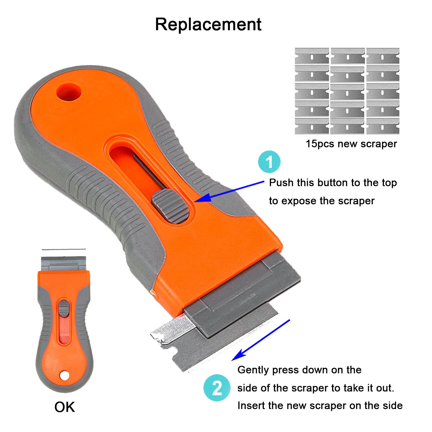 GNAWRISHING Razor Blade Scrape with 15pcs Extra Blades and Stainless Brush, Paint Stripping Tool for Removing Decals, Labels, Stickers (Orange)