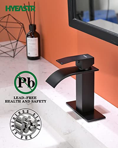 HYEASTR Waterfall Bathroom Faucet Single Handle Bathroom Sink Faucet with Overflow Pop Up Drain & Supply Lines Matte Black 1 Hole