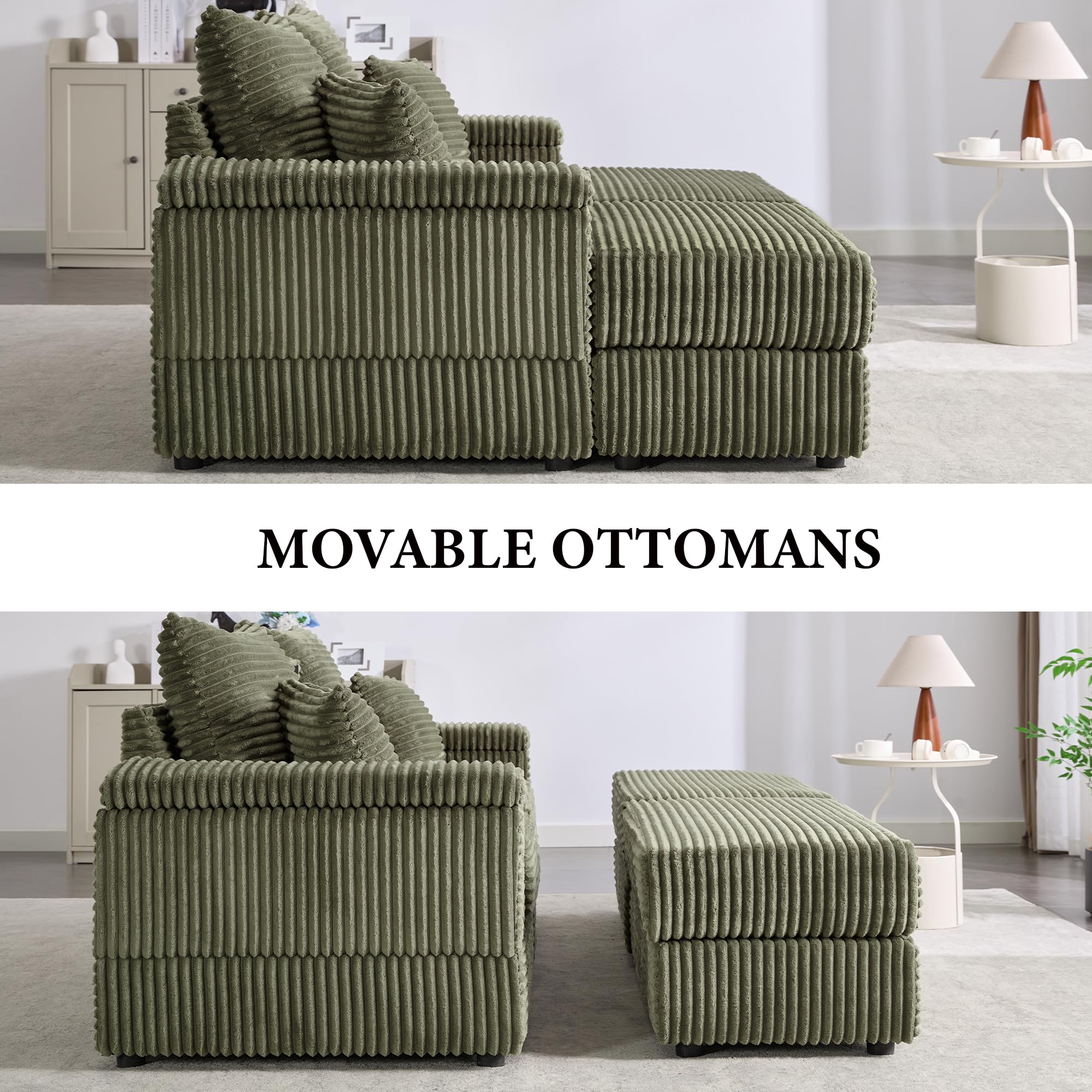 GNIXUU 82.7" Oversized Loveseat Sectional Sofa Sleeper with Storage Console & Cup Holders & USB Ports, Comfy Chaise Lounge Couch Bed with Ottomans for Living Room, Green Corduroy