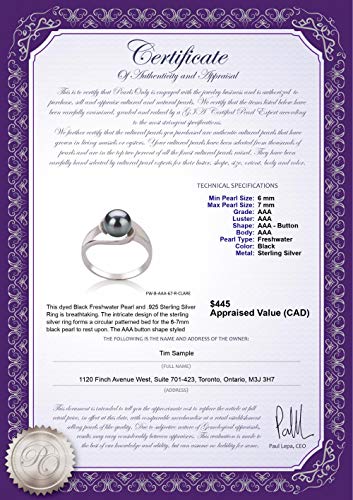 Clare Black 6-7mm AAA Quality Freshwater 925 Sterling Silver Cultured Pearl Ring For Women - Size-8