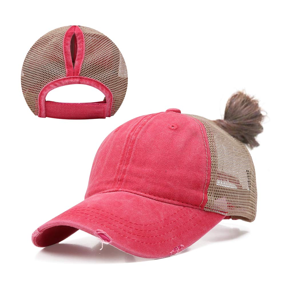 DOANNOTIUM Ponytail Baseball Cap Women Retro Washed Cotton Visor Dad Hat Adjustable Trucker Ponycaps (Red)