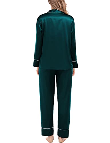 SWOMOG Women's Silk Satin Pajamas Loungewear Two-piece Sleepwear Button-Down Pj Set S-XXL Deep Green
