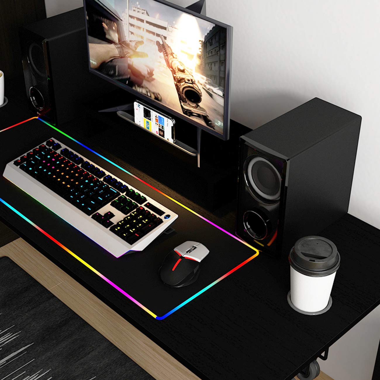 DlandHome Gaming Computer Desk with RGB LED Mouse Pad, 55 inches Gaming Table/Workstation with Display Stand, ND14 Pro, Black and Black Legs