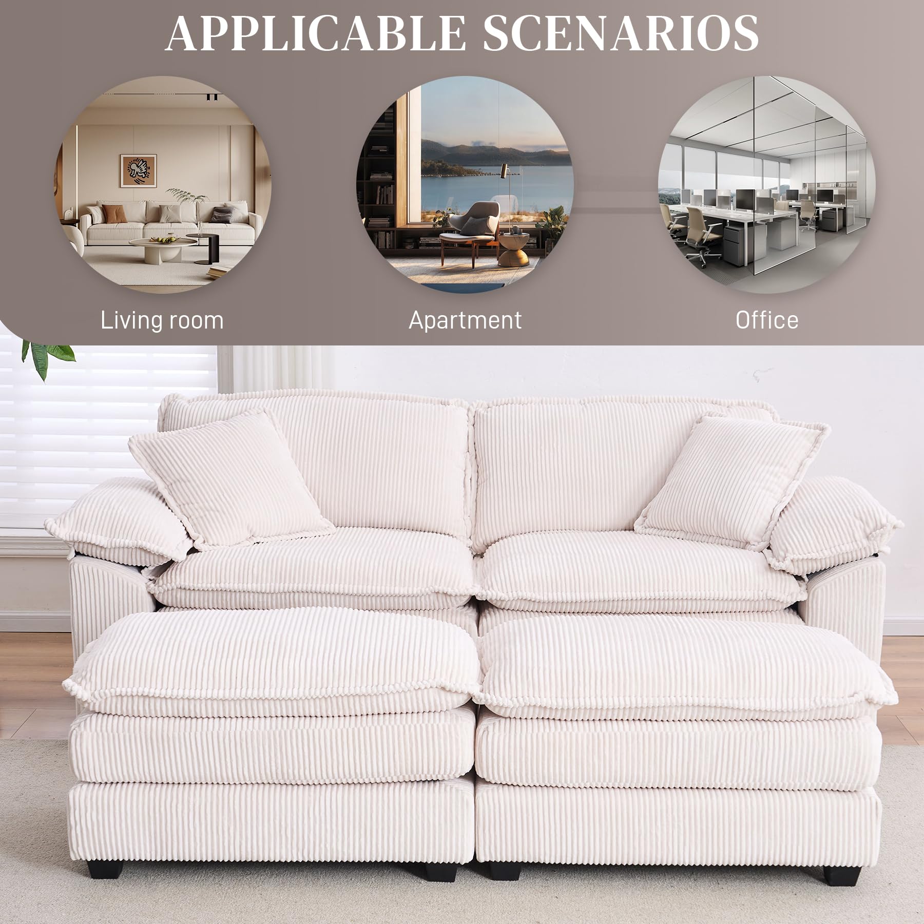 OUYESSIR Oversized Loveseat Sectional Sofa Couch with 2 Ottoman, 84.6" Modern Upholstered Corduroy Modular Cloud Couch, Comfy Deep Seat L Shaped Sofa for Living Room, Small Space, Grey