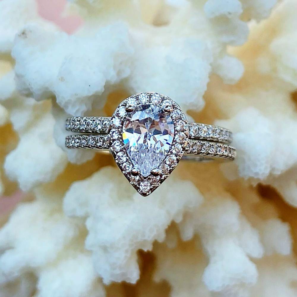 Classic Bridal Ring Set 0.75 Ct Pear Cut Teardrop Halo Ring Eternity Infinity Band Size 4-9 Half Sizes (Silver, 7)