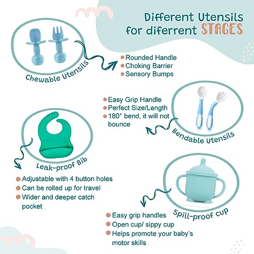VaBa Du Baby Feeding Set - 10-Pack - Easy Baby Led Weaning - Adjustable Bib, Food Feeder, Utensils, Dish & Suction Bowl with Lid, and Sippy Cup