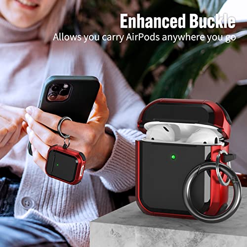 Jiunai for AirPods Case AirPods 2 Case with Keychain Protective Shockproof Full Body Armor Thick Wireless Charge Supported Cool Case with Carabiner for AirPods 1st & 2nd Gen LED Visible Black Red