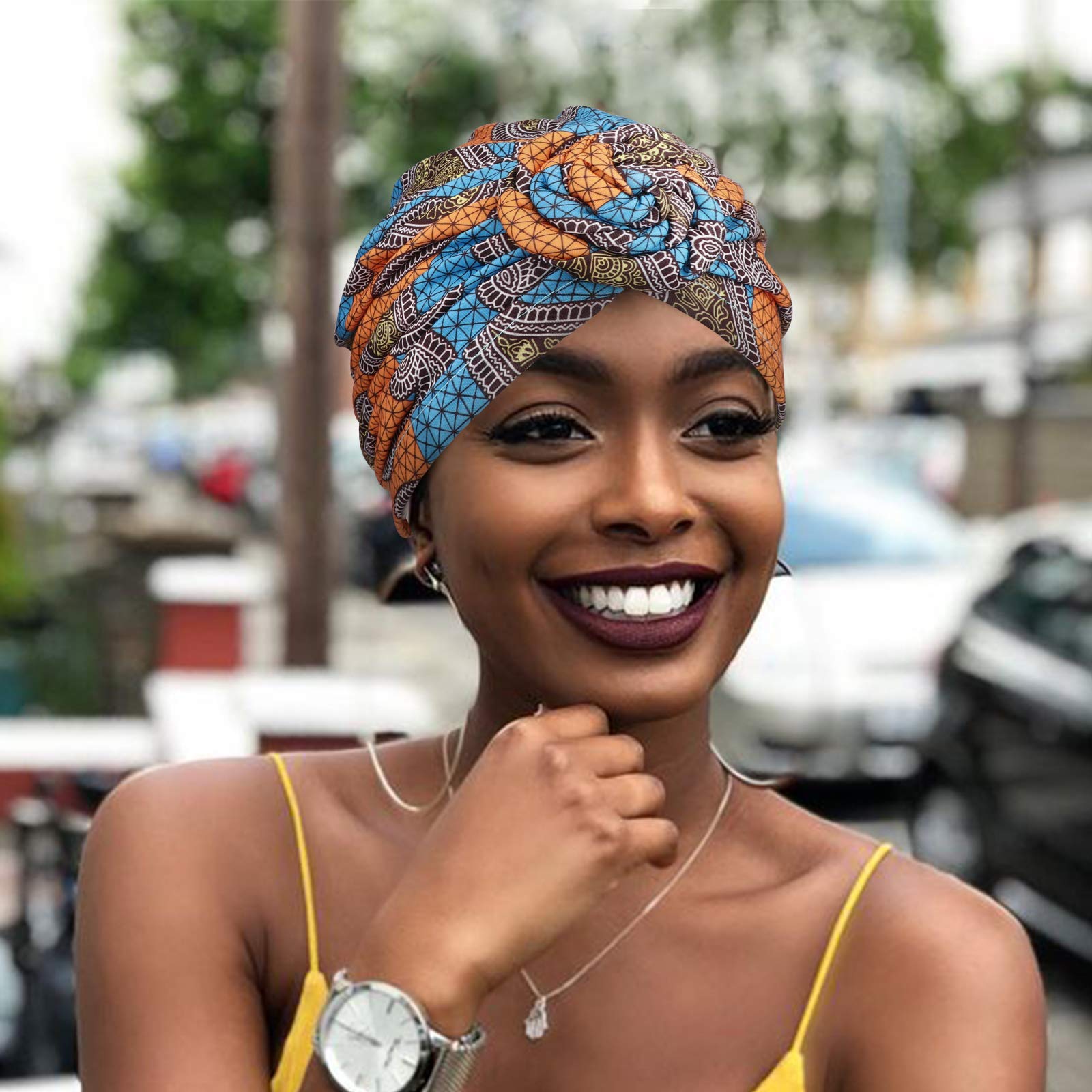 DRESHOW 5 Pack Knotted Headwraps for Women African Turban Pre-Knotted Beanie Headwraps Hair Covers