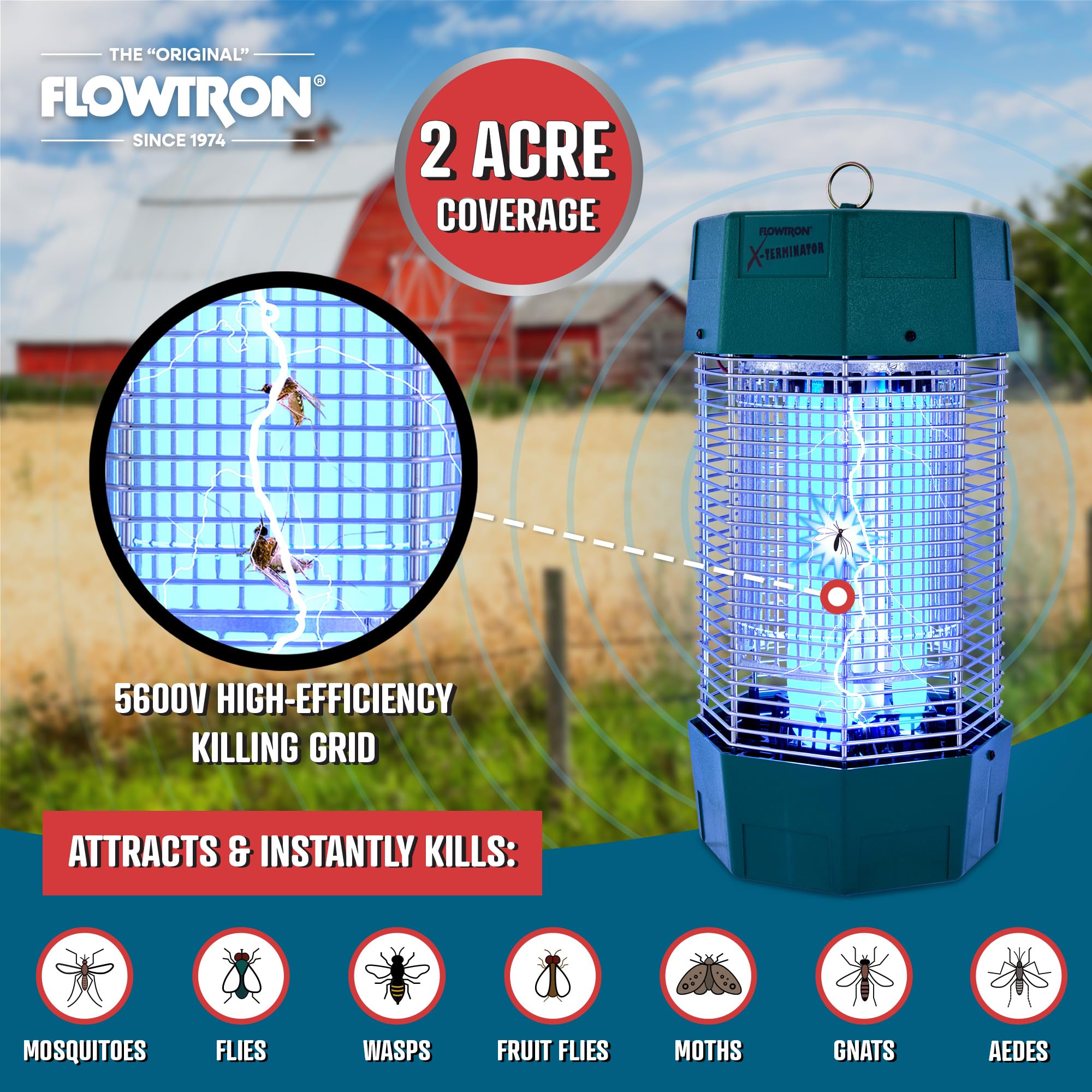 Flowtron Electric Bug Zapper 2 Acres Outdoor Insect Control with Dual Lure Method, 120W UV Light & Octenol Attractant for Fly & Mosquito, 5600V Kill Grid, Made in USA, UL Certified