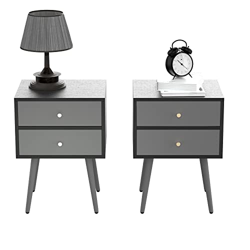 Majnesvon Nightstand End Side Table Nightstand with Storage Shelf Drawer and Shelf,21.50 inriches Wood Nightstand with 2-Drawers, Solid Wood Legs for Bedroom Furniture,(Dark Gray)