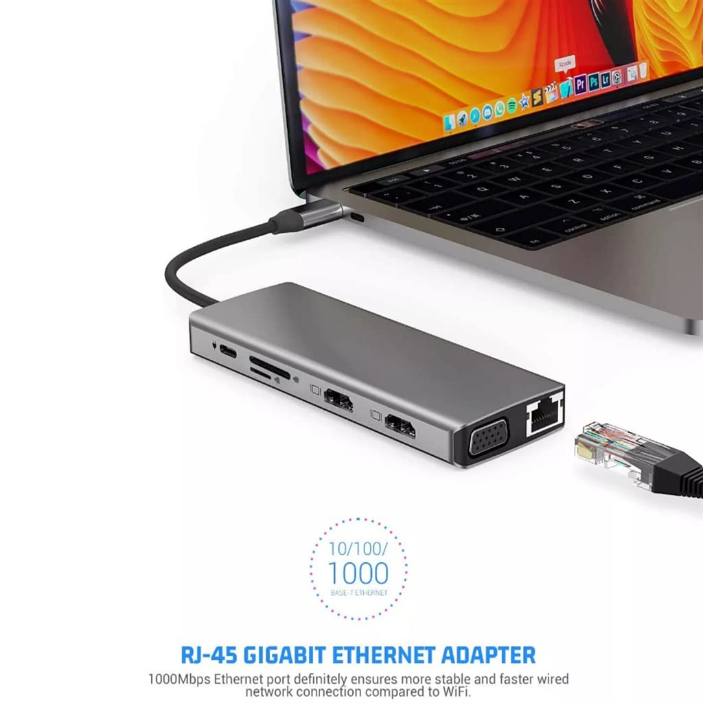 GXBPY 12 in 1 USB C HUB Type C Adapter to 4K VGA RJ45 LAN Ethernet SD/TF Hub 3.5MM AUX 12 Port