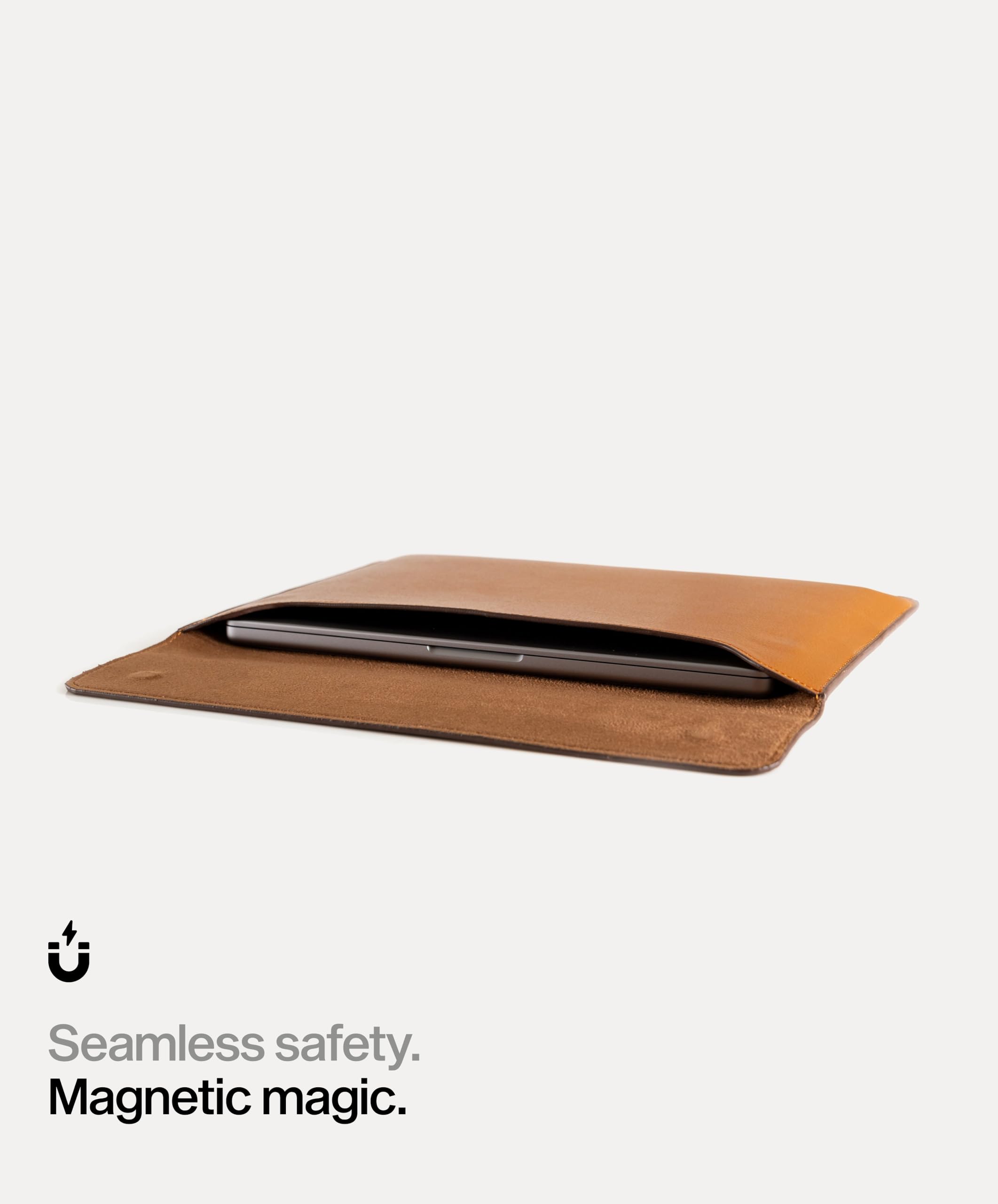 Dawn & Dusk's 15 inch Laptop Sleeve Compatible with MacBook Pro & MacBook Air, PU Leather, Vegan Friendly, Hand-Made, Magnetic Flap, Orange.