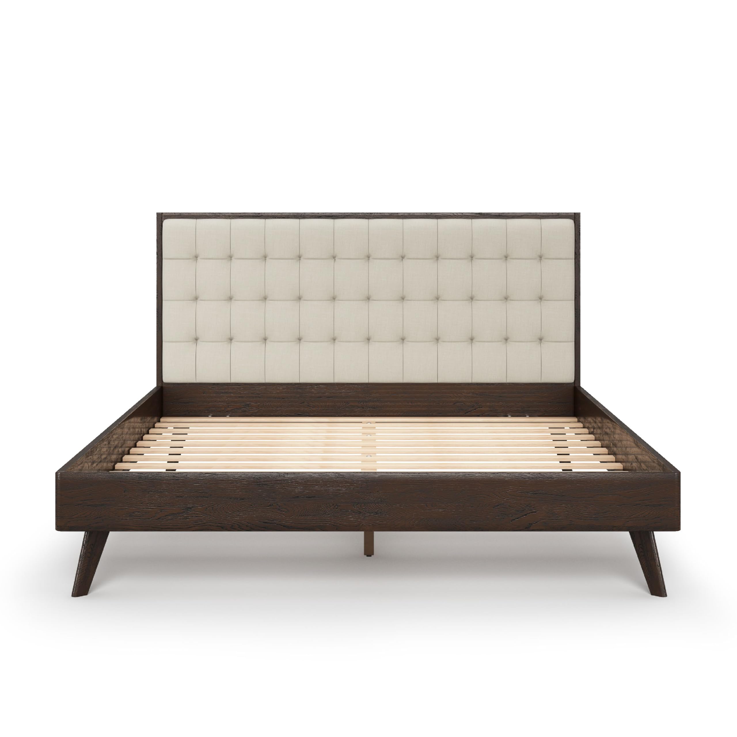 DG Casa Soloman Beige Solid Wood and Upholstered Platform Bed Frame with Tufted Headboard, Full Wooden Slats, Easy Assembly, No Box Spring Required - Modern Mid Century Style King Size Bed
