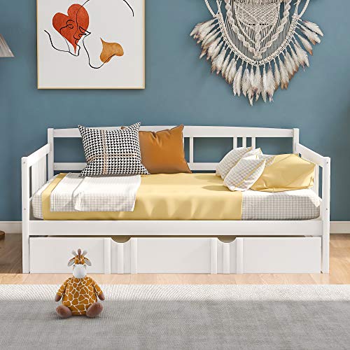 Lepfun Full Daybed with Twin Size Trundle, Wood Full Size Bed Frame with Rails in Three Sides, Full Sofa Bed for Living Room, Bedroom, Apartment, Dorm, No Box Spring Needed (Full, White)