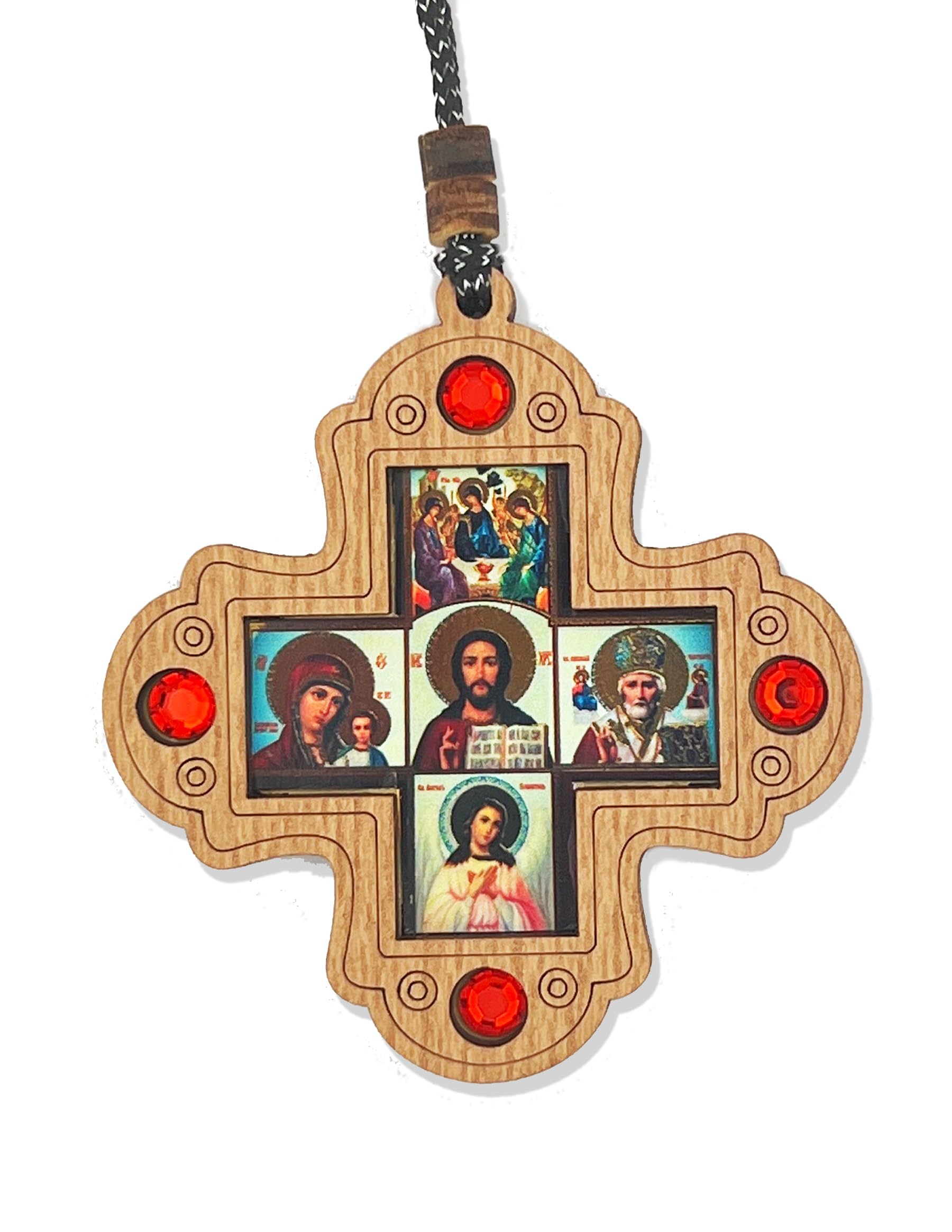 Cross Pendant for Car With Icons of Holy Trinity Virgin Mary Our Lady of Kazan Christ The Teacher Saint Nicholas and Guardian Guardian Angel 2 3/4 Inch, Religious Gifts