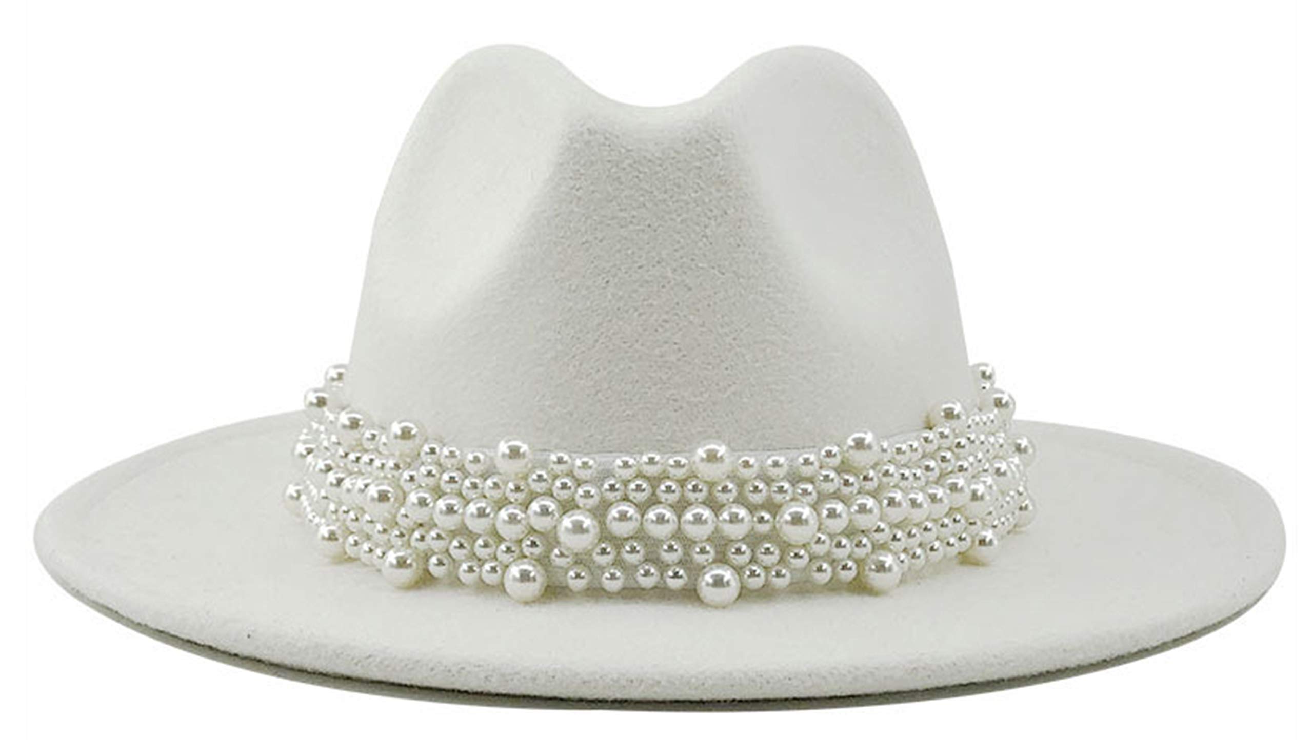 EOZY Women's Vintage Pearl Band Fedora Hat Trendy Wide Brim Trilby Panama Hat/White