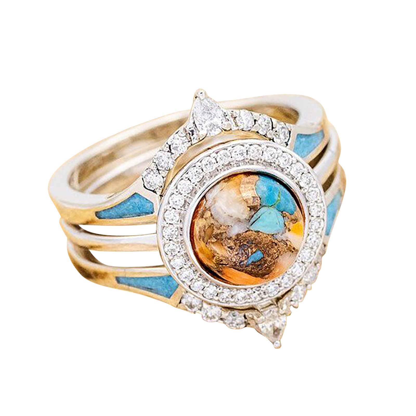 Fashion Jewelry Women Turquoise Ring Zircon Stackable Engagement Wedding Ring Set Vintage Gemstone Band Jewelry (Multicolor, 9)