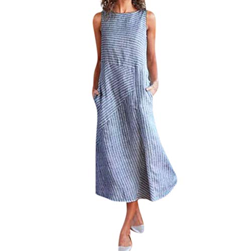 Dresses for Women Sleeveless Stripe Casual Loose Linen Maxi Dress with Pockets (XL, Blue)