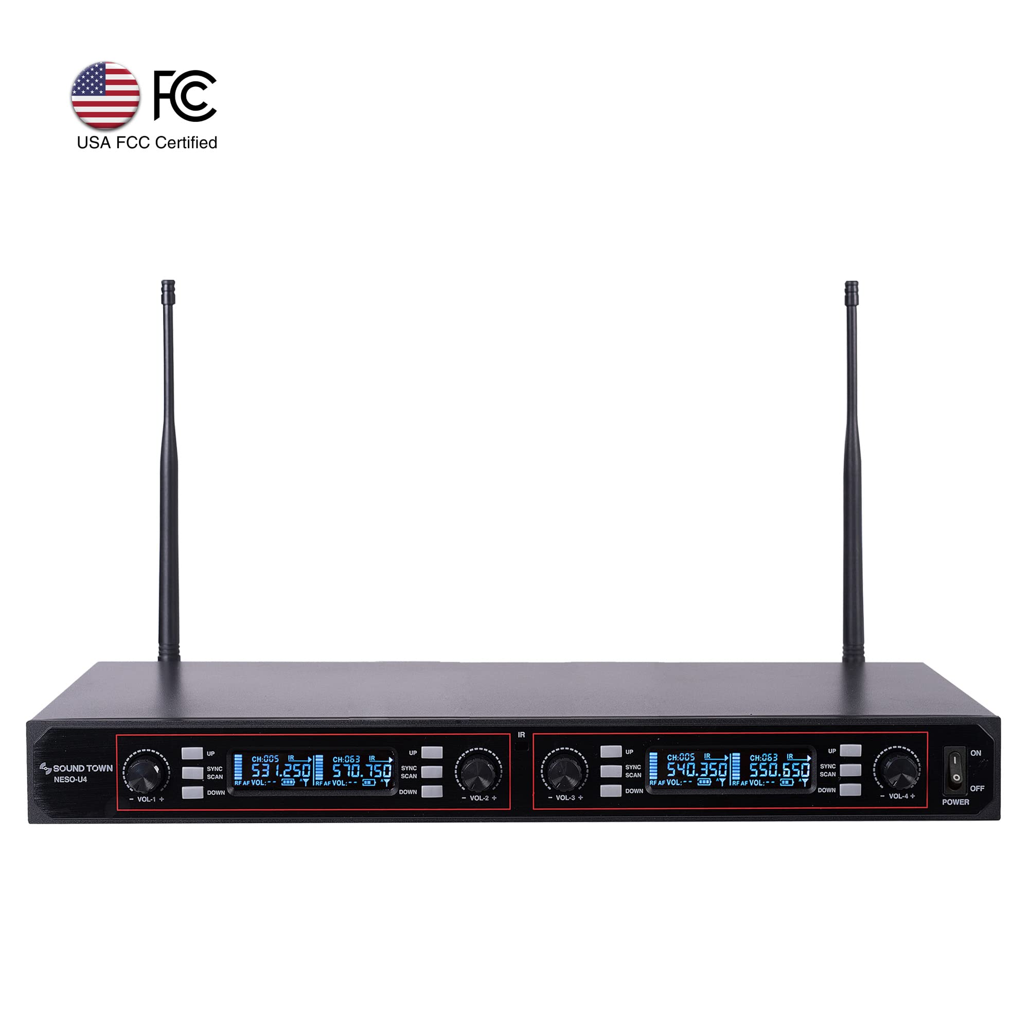 Sound Town 200-Channel Rack Mountable Professional Adjustable UHF Wireless Microphone System with Metal Receiver and 4 Handheld Mics (NESO-U4HH)