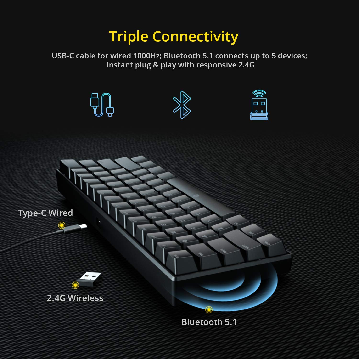 DREVO Seer MAX 60% Triple Mode Wireless Bluetooth 5.1/2.4G/ USB-C RGB Backlit Mechanical Keyboard, Ultra Compact Gateron Switch Brown Switch, Black