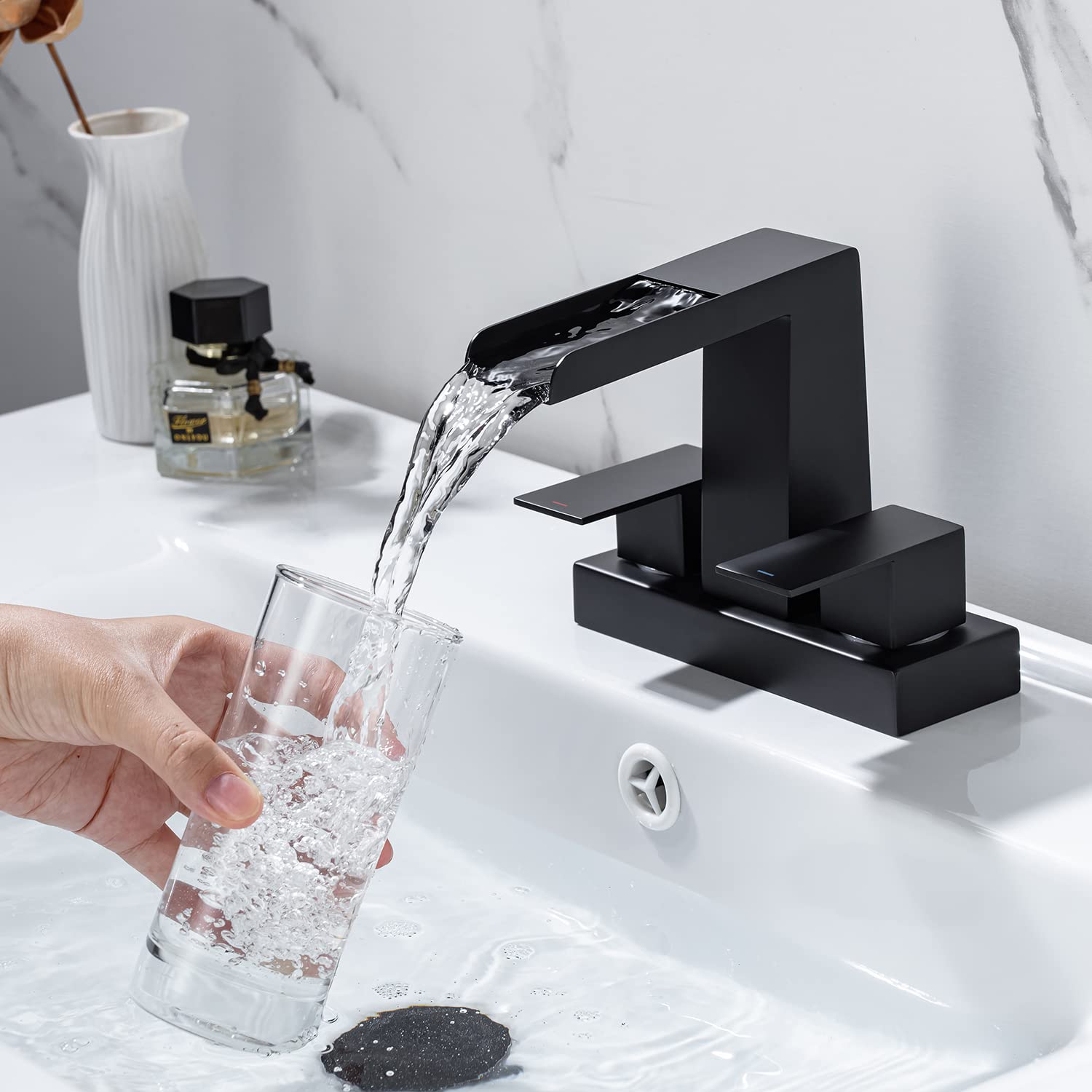 HAMOLER 4 Inch Centerset Waterfall Bathroom Faucet 2 Handle 3 Hole Basin Faucet with Pop Up Drain with Overflow, Vanity Faucet Matte Black