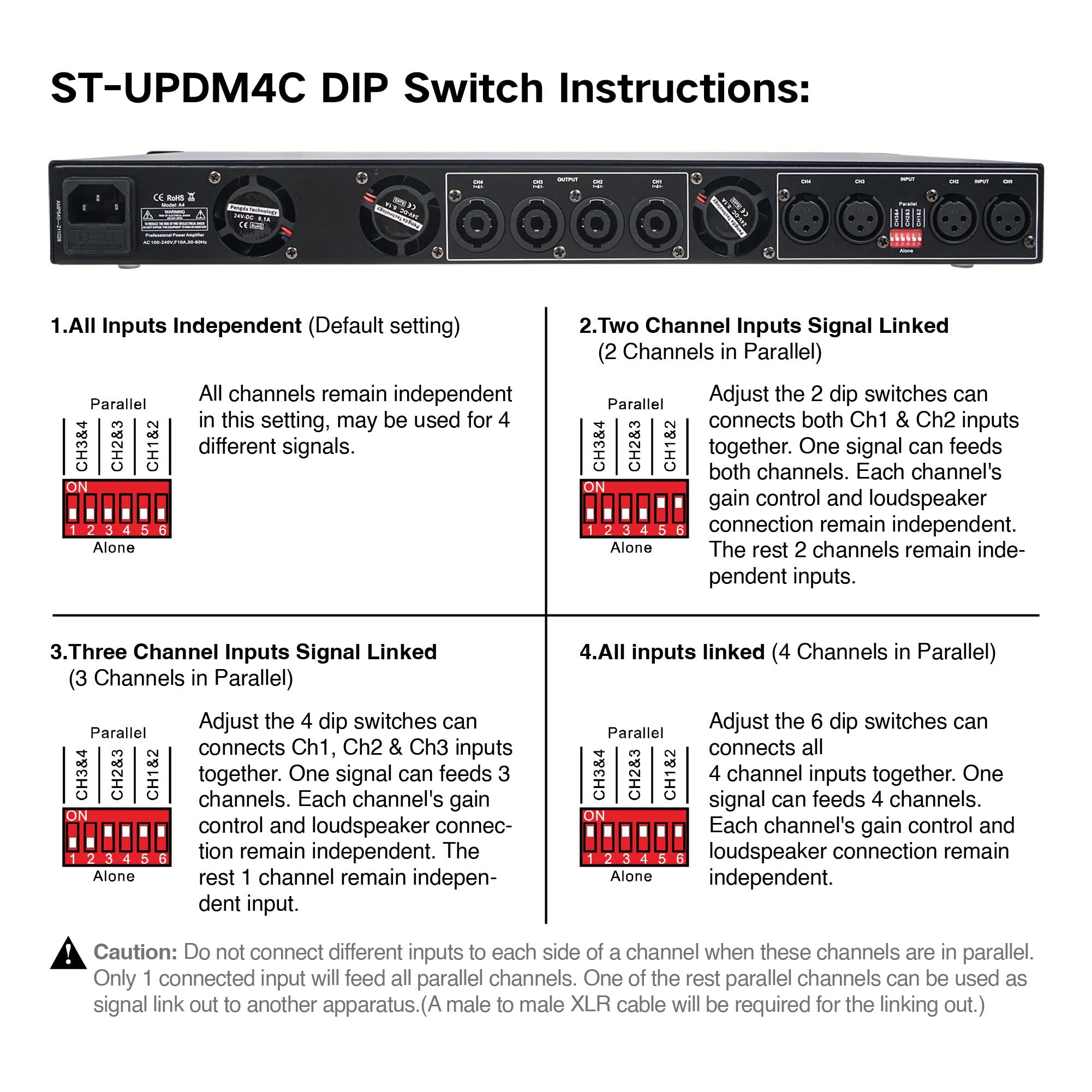Sound Town Ultra-Lightweight 1U 4-Channel PA/DJ Power Amplifier, 4 x 1400W at 4-ohm, Supports 2, 4 & 8-ohm (ST-UPDM4C)