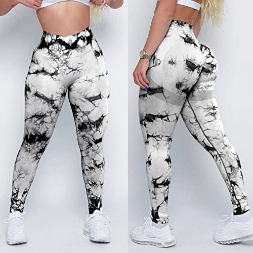 SZKANI Butt Lifting Leggings for Women Booty High Waisted Workout Yoga Pants Scrunch Butt Gym Seamless Booty Tight((D-Tie Dye)-Black White,Large)