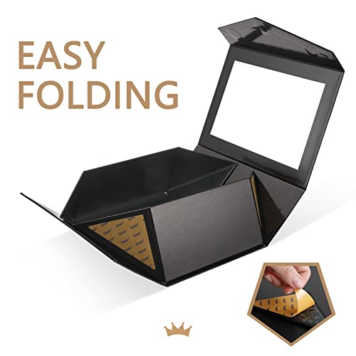 PACKQUEEN Gift Box with Window, 9x6.5x3.8 Inches, Black Gift Box for Present Contains Ribbon, Card, Groomsman Proposal Box, Gift Box with Magnetic Lid (Glossy Black)