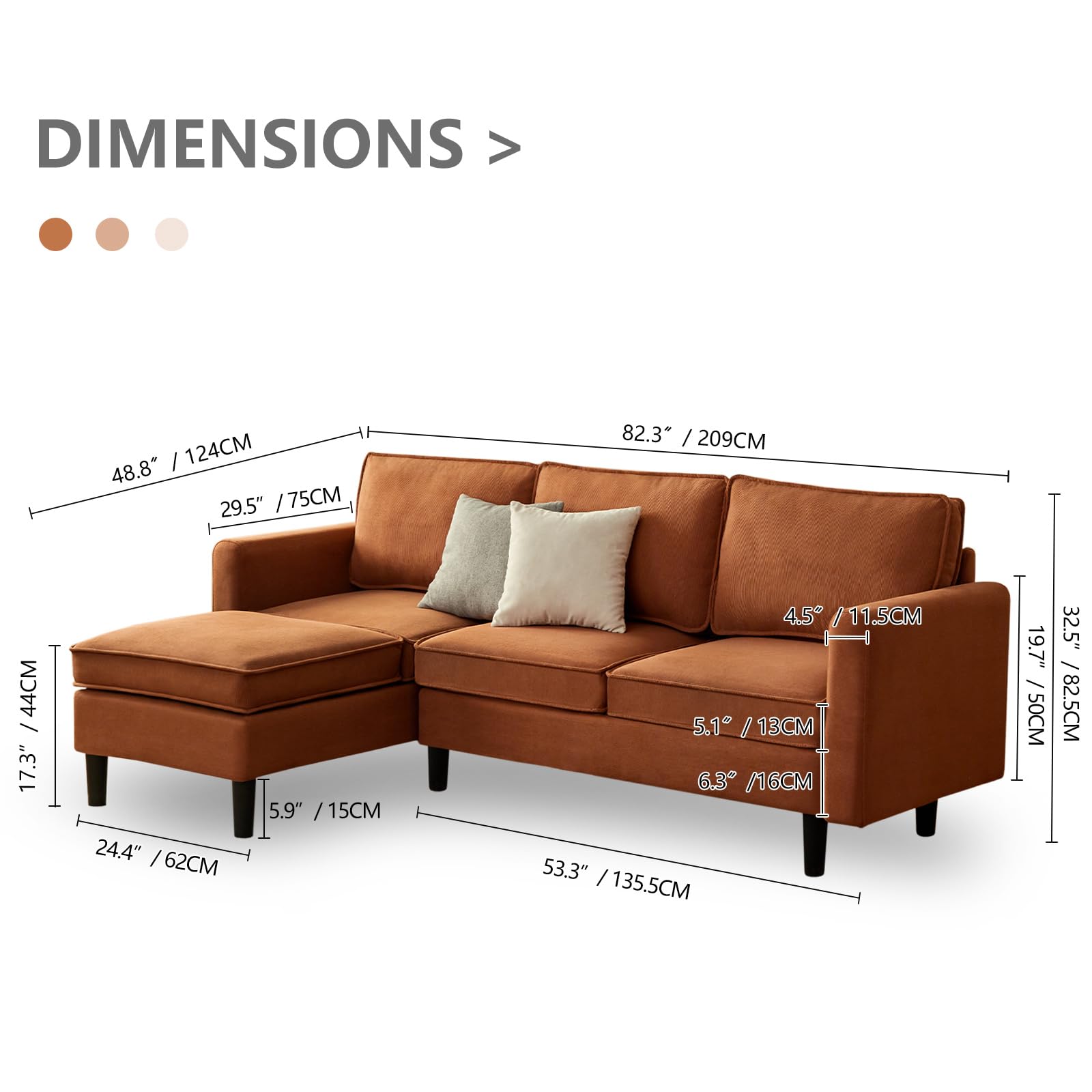 Mxfurhawa L Shaped Couch, 3 Seat Linen Futon Sofa Bed, Convertible Sleeper Sofa with Tapered Wood Legs, Mid Century Modern Couches for Bedroom Black