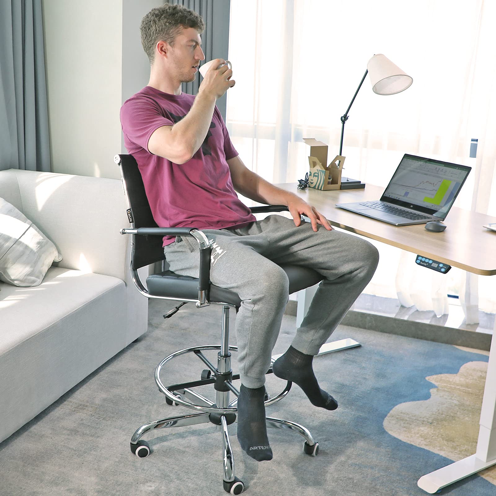 Drafting Chair Stool Office 400lbs Footrest Leather – Tall Arms Counter Adjustable Mid-Back Tilt-Tension Control Rocker Lumbar Support Swivel Rolling for Standing Desk 45"(Black, Ribbed Leather)