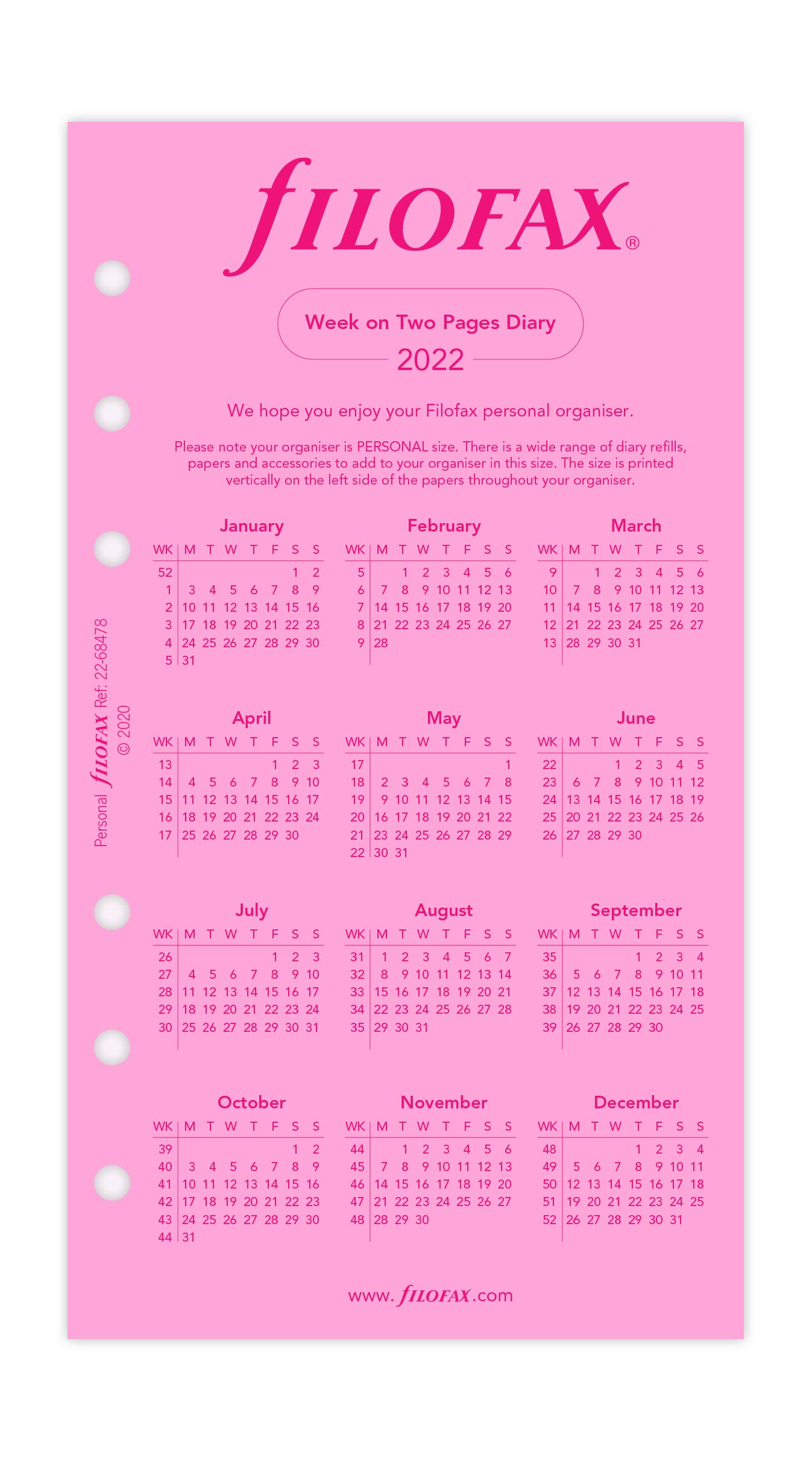 Filofax Personal Week on Two Pages English 2022 Diary - Pink, 22-68478