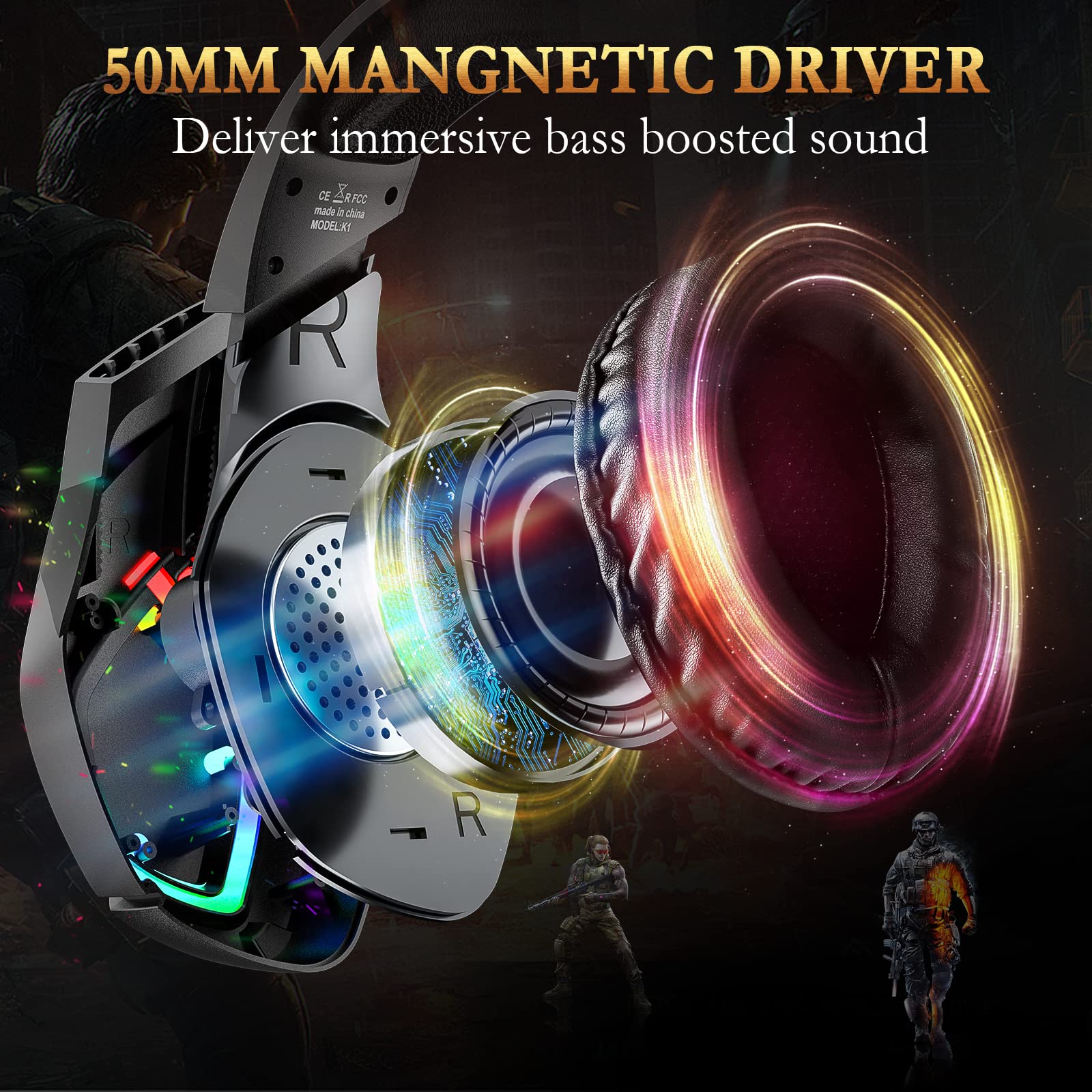 Gaming Headset for PS4 PS5 Xbox one PC, PS4 Headset with Noise Cancelling Mic, RGB Light, Soft Memory Earmuffs for Mac Laptop