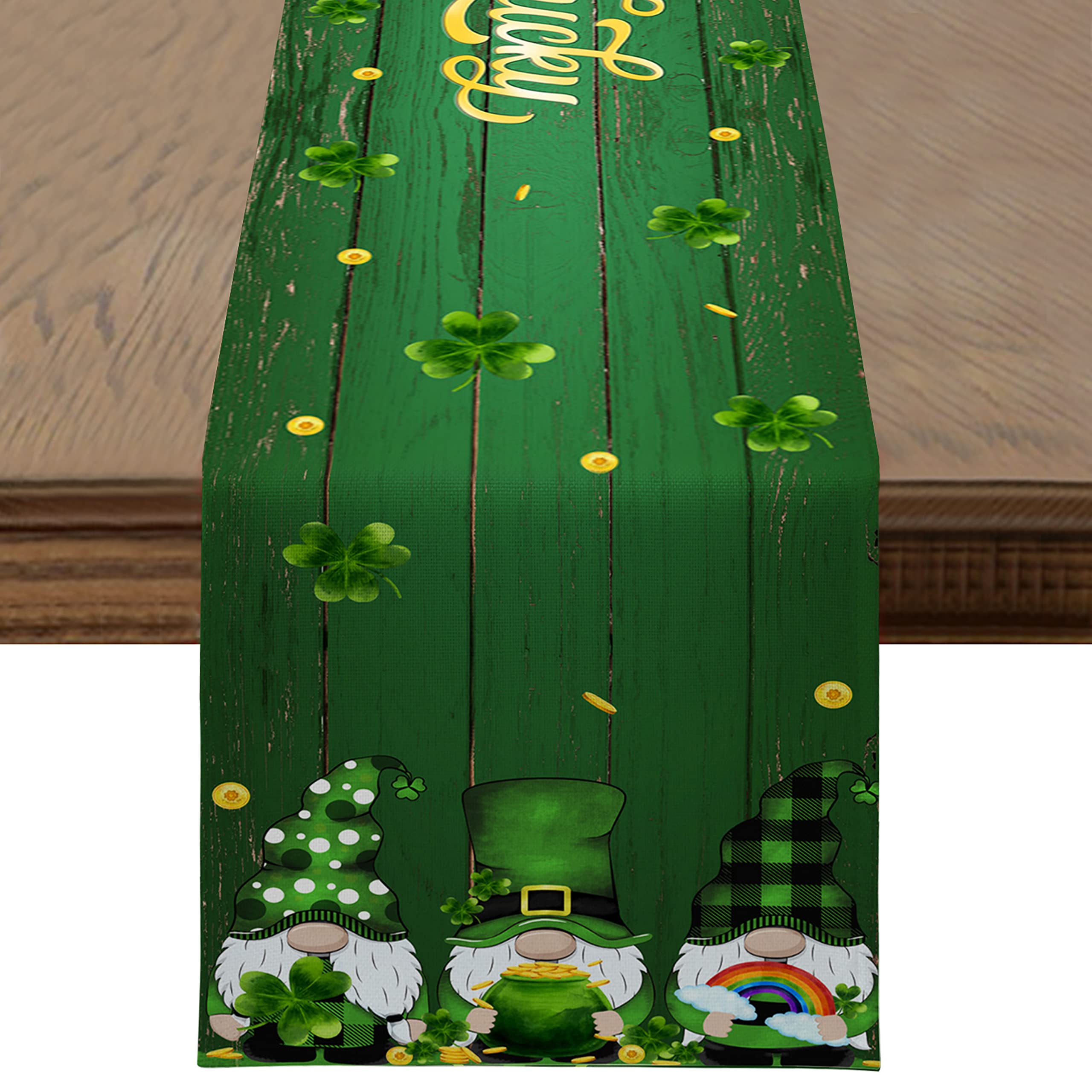 Flyart St Patricks Day Table Runner, Spring Green Gnome Shamrock Decor Table Runners for Kitchen Dining Coffee Home Wedding Parties, Holiday Burlap Table Runners for St Patrick Decor (13x36 inch)