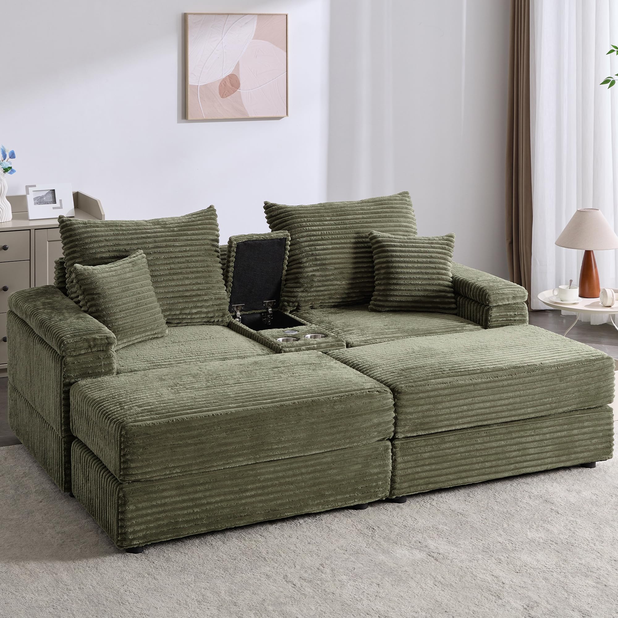 GNIXUU 82.7" Oversized Loveseat Sectional Sofa Sleeper with Storage Console & Cup Holders & USB Ports, Comfy Chaise Lounge Couch Bed with Ottomans for Living Room, Green Corduroy