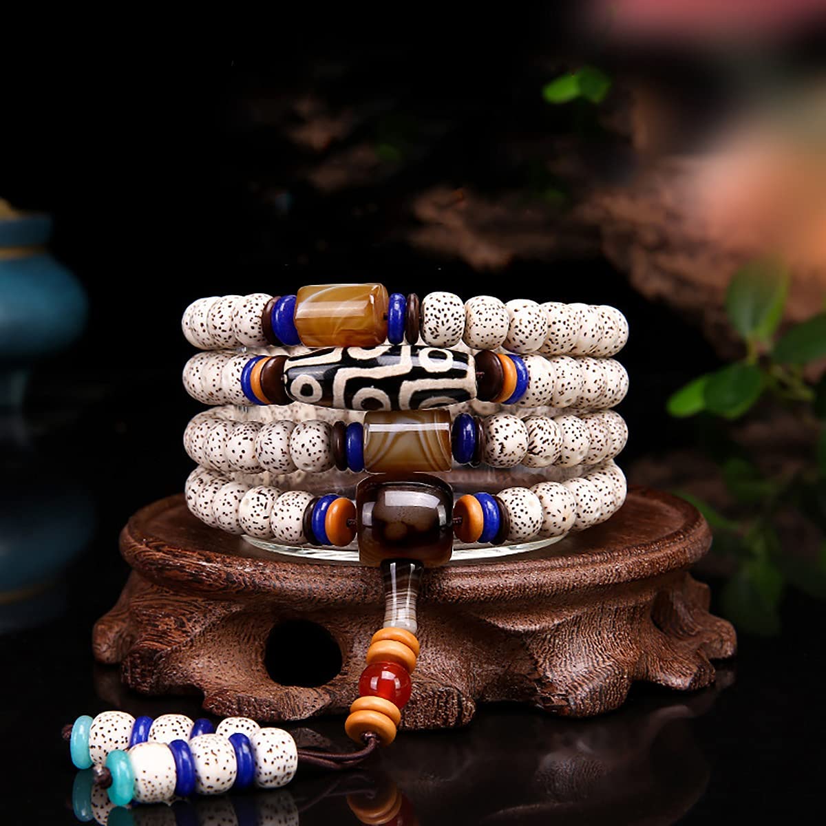 FAZOVIN Handmade 108 Bodhi Seeds Mala Beads Tibetan Buddhist Prayer Beads Bracelet for Women with Black Dzi Bead
