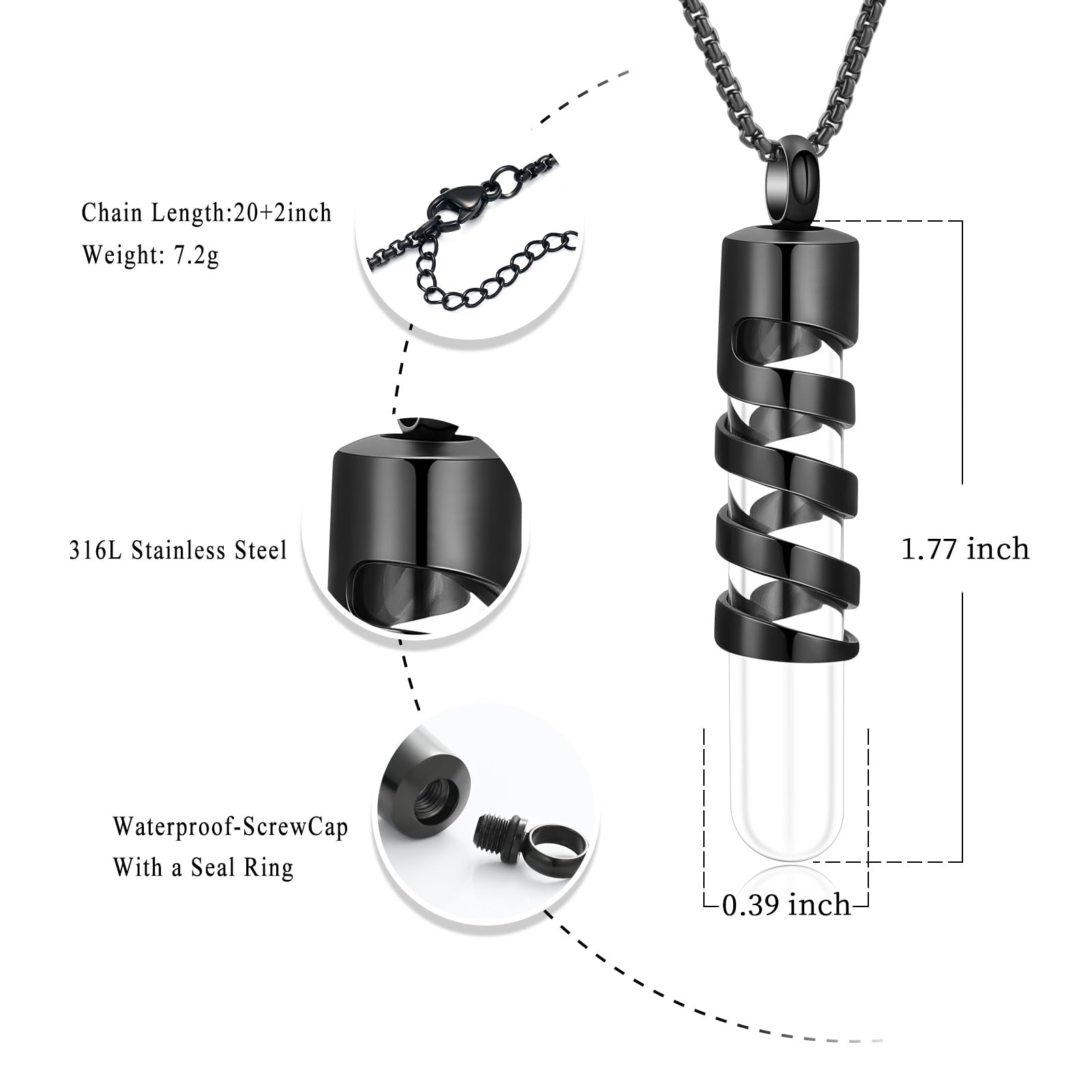 Clear Glass Tube Cremation Urn Jewelry Ashes Holder Necklace Keepsake Memorial Pendant Including Box/Fill Kits (Black)