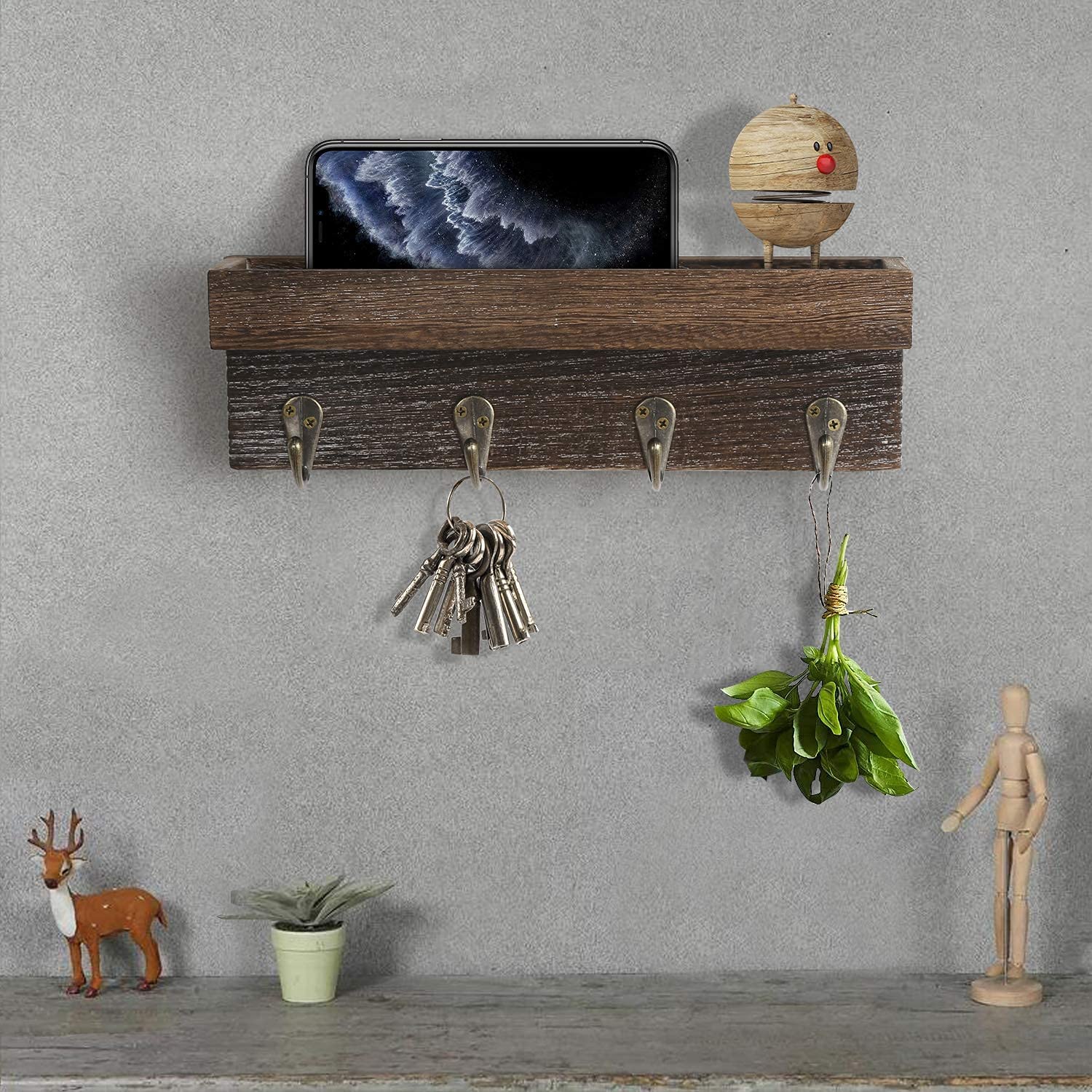 DOCMON Wall Mounted Rustic Wood Shelf, 1 Shelf Key Holder Organizer with 4 Metal Hooks, Farmhouse Style Mail Organizer for Entryway, Hallway, Bedroom, Office