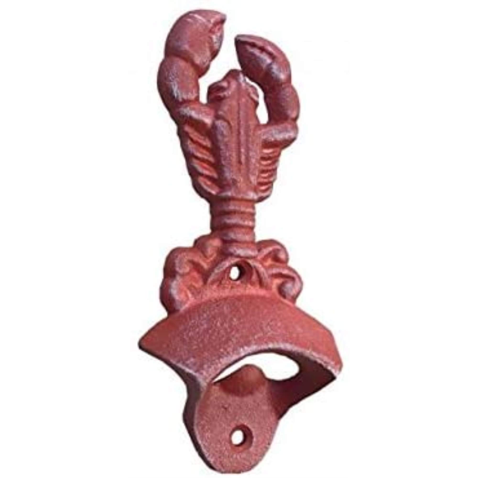 Hampton Nautical Red Whitewashed Wall Mounted Lobster Bottle Opener 6"-Vintage Cast Iron Decor-Sea Life
