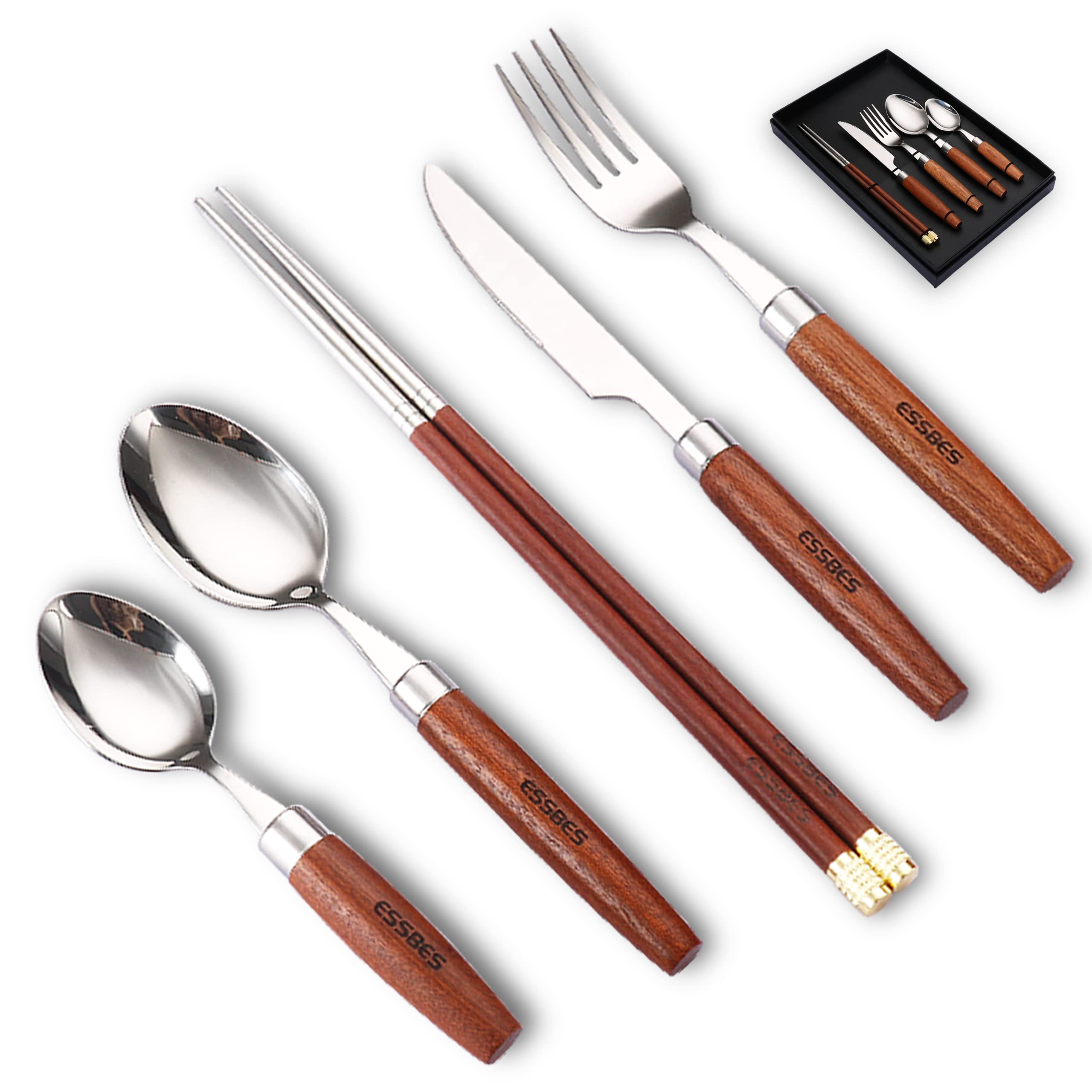 ESSBES 5-Pcs Wooden Handle Silverware Set - Stainless Steel Flatware Set with Fork, Spoon, Knife, Dessert Spoon, Chopsticks and Delicate Gift Box, Portable Cutlery Set For Home Kitchen Hotel & Gift