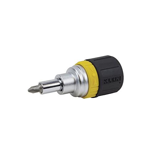 Klein Tools 32593 Multi-bit Ratcheting Screwdriver, 6-in-1 Stubby Tool with Phillips and Slotted Bits and 2 Nut Driver Sizes