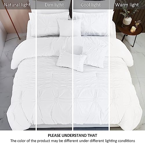 JML California King Comforter Set, 7 Piece Pinch Pleat Bed in a Bag Set with Shams and Decorative Pillows - Luxury Pintuck Microfiber Down Alternative Bedding Comforter Sets,White