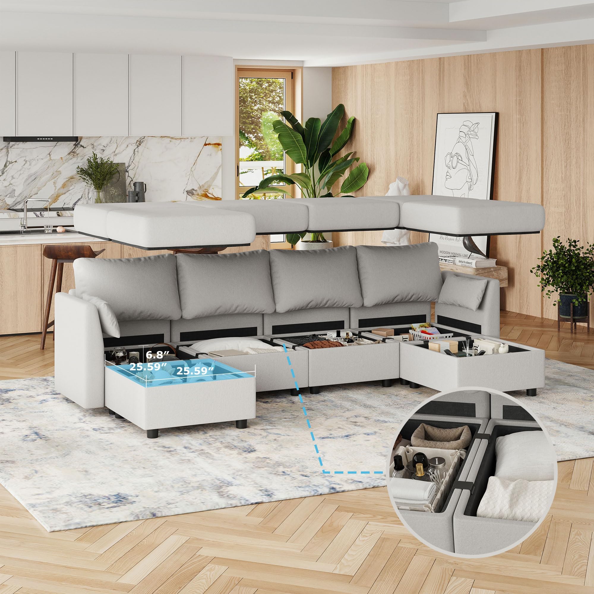 Mangodan Modular Sectional Sofa with Storage, Convertible 6 Seat Sectional Couches for Living Room, U Shaped Sectional Sofa with Chaise, Comfy Sectional Sleeper Sofa, High Supportive sponge-Light Grey