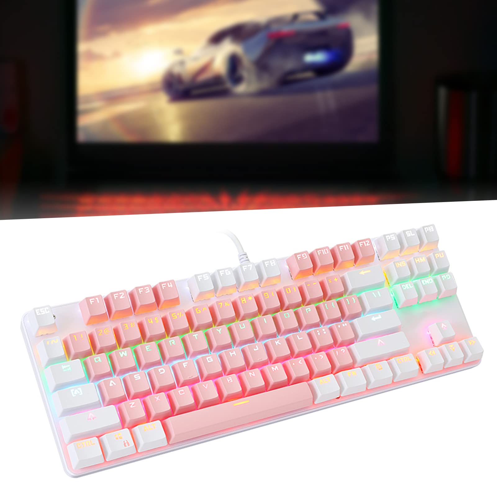 Gaming Keyboard, 87 Keys USB Wired Blue Switch Mechanical Keyboard, White and Pink Keycaps Sakura Keyboard, for Laptop Computer etc(Pink with White)