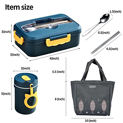 Jossens Bento Box Set,1100ML Leakproof Lunch Box Kit With Utensils,Breakfast Cup and Lunch Bag,3 Compartment Microwave Lunch Containers,BPA Free(Blue)