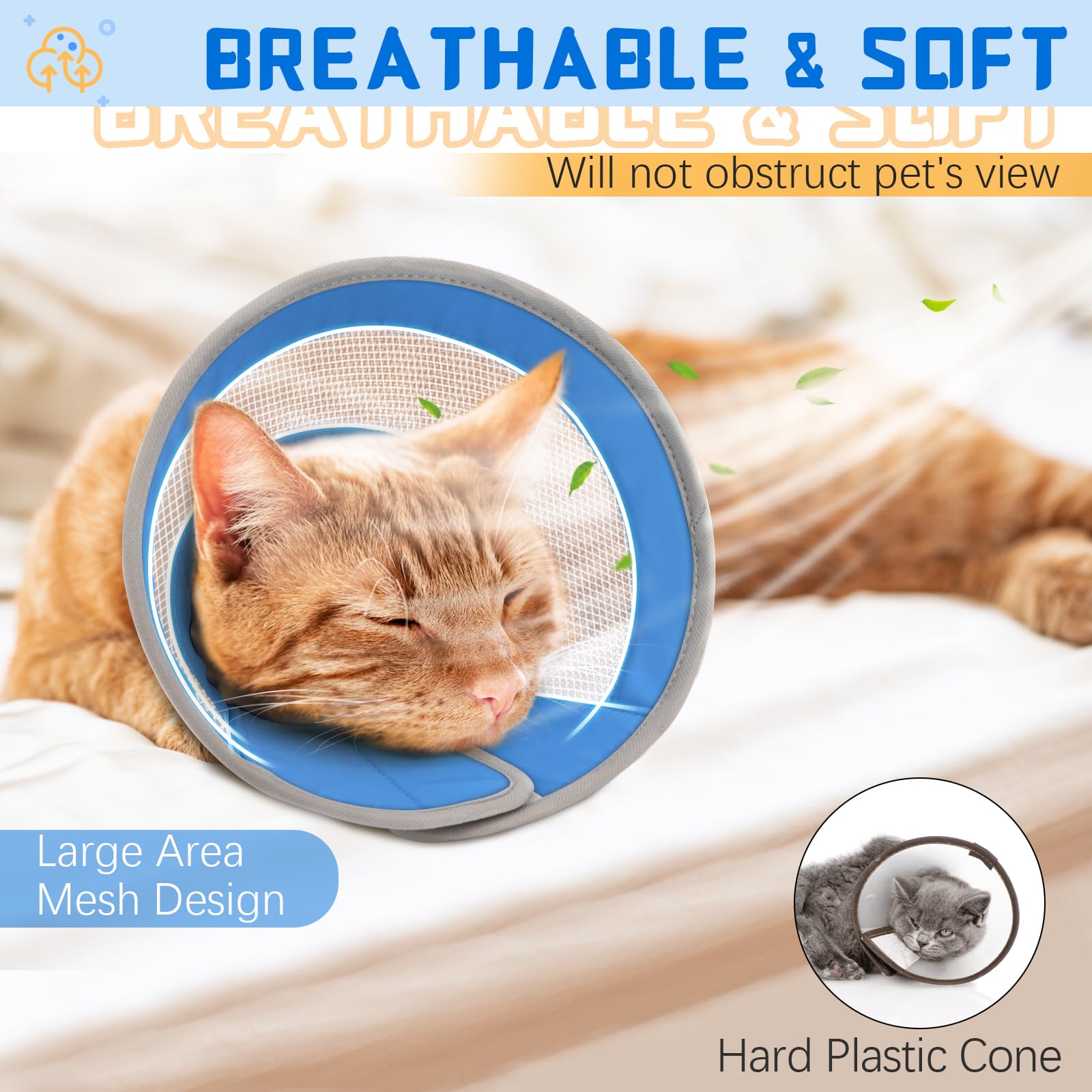 GoGoPaw Cat Cone, Breathable Cat Cone Collar Soft, Adjustable Cat Cone to Stop Licking, Water Resistant Neck Cone for Cats with Air Mesh, Protective Cat Recovery E Collar for Cat Kitten(Blue, M-2