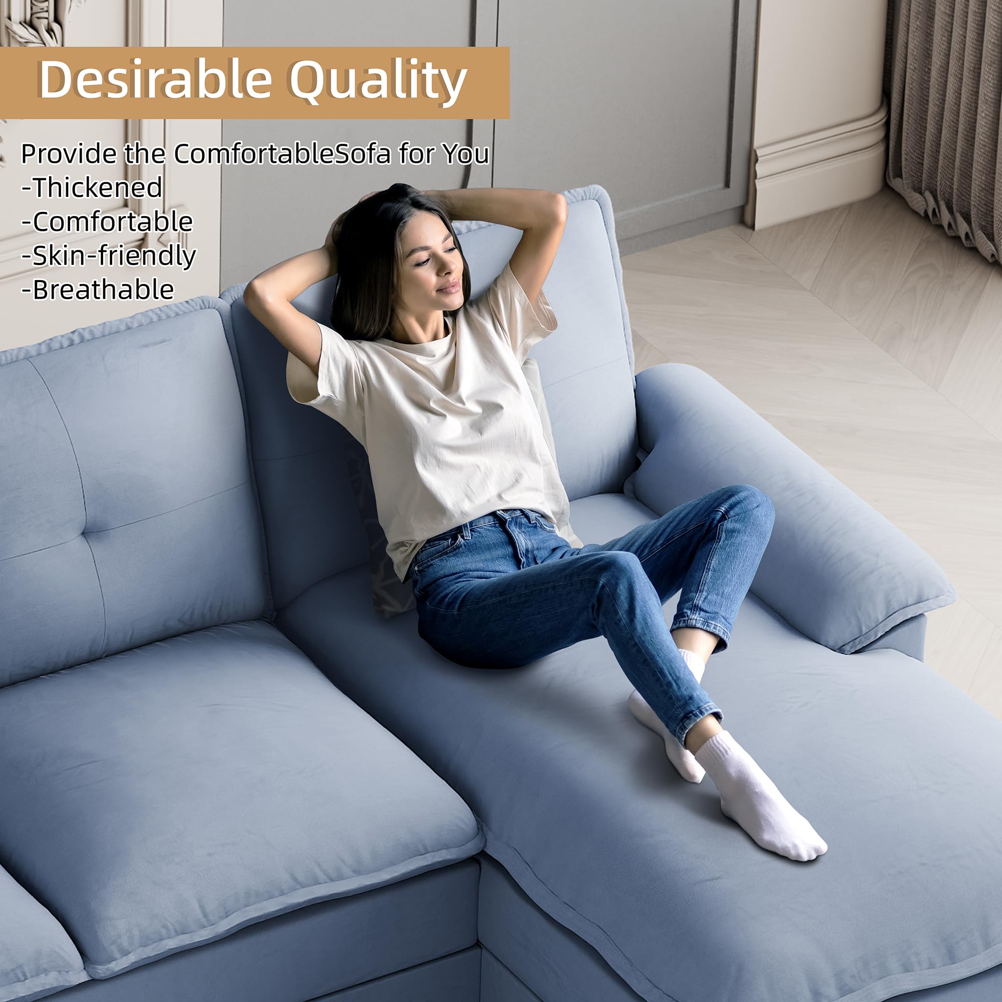 JAMFLY Sectional Couches for Living Room, U-Shaped Couch 4 Seat Sofa Set with Double Chaises, Modern Fabric Modular Sectional Sofa Set for Apartment, Blue