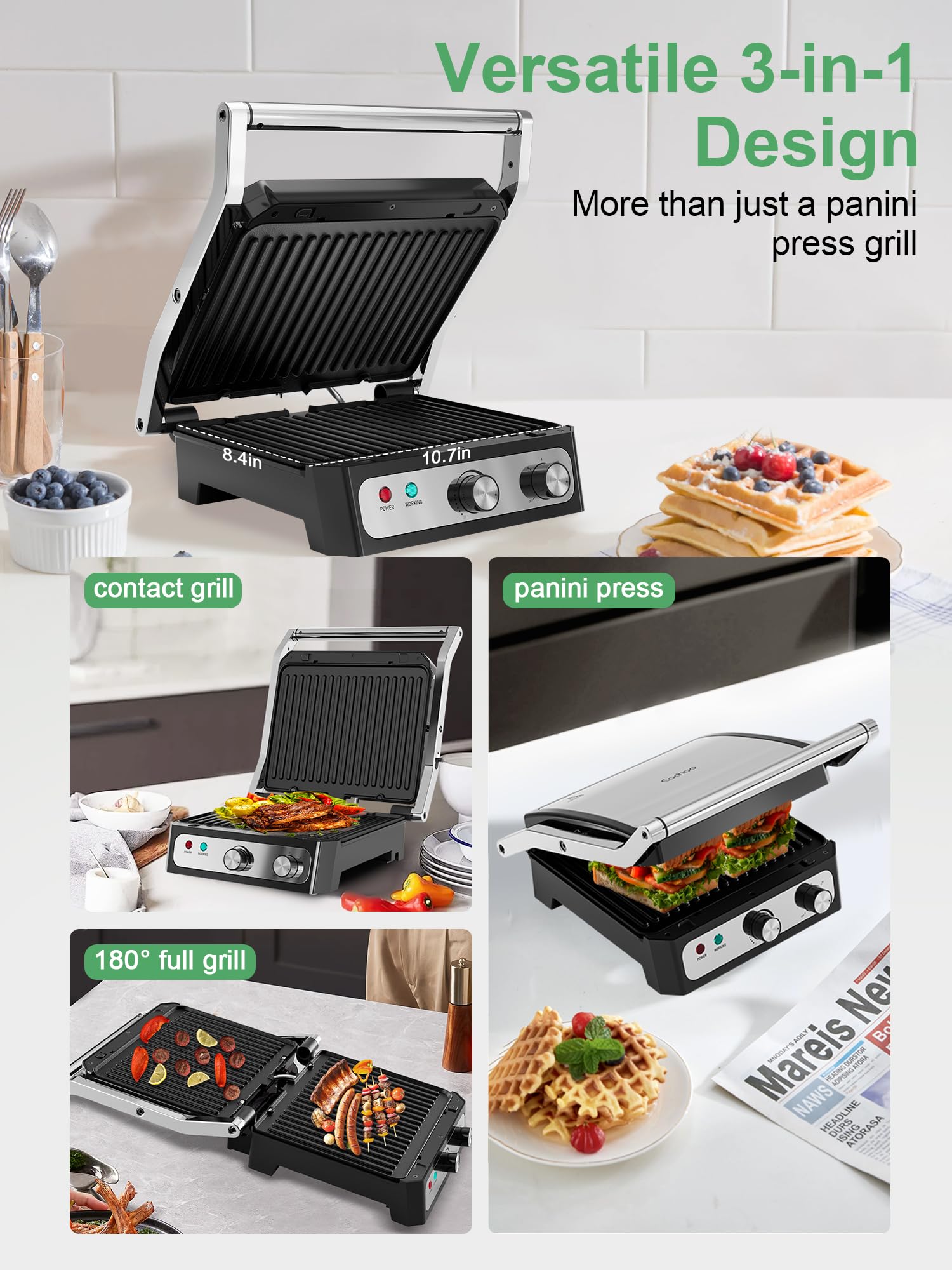 Panini Press Sandwich Maker - CACHOO Electric Indoor Grill with Temperature & Timer Control, 4-Slice Breakfast Sandwich Maker for Quesadillas, Burgers, Removable Plates with 180° Opening