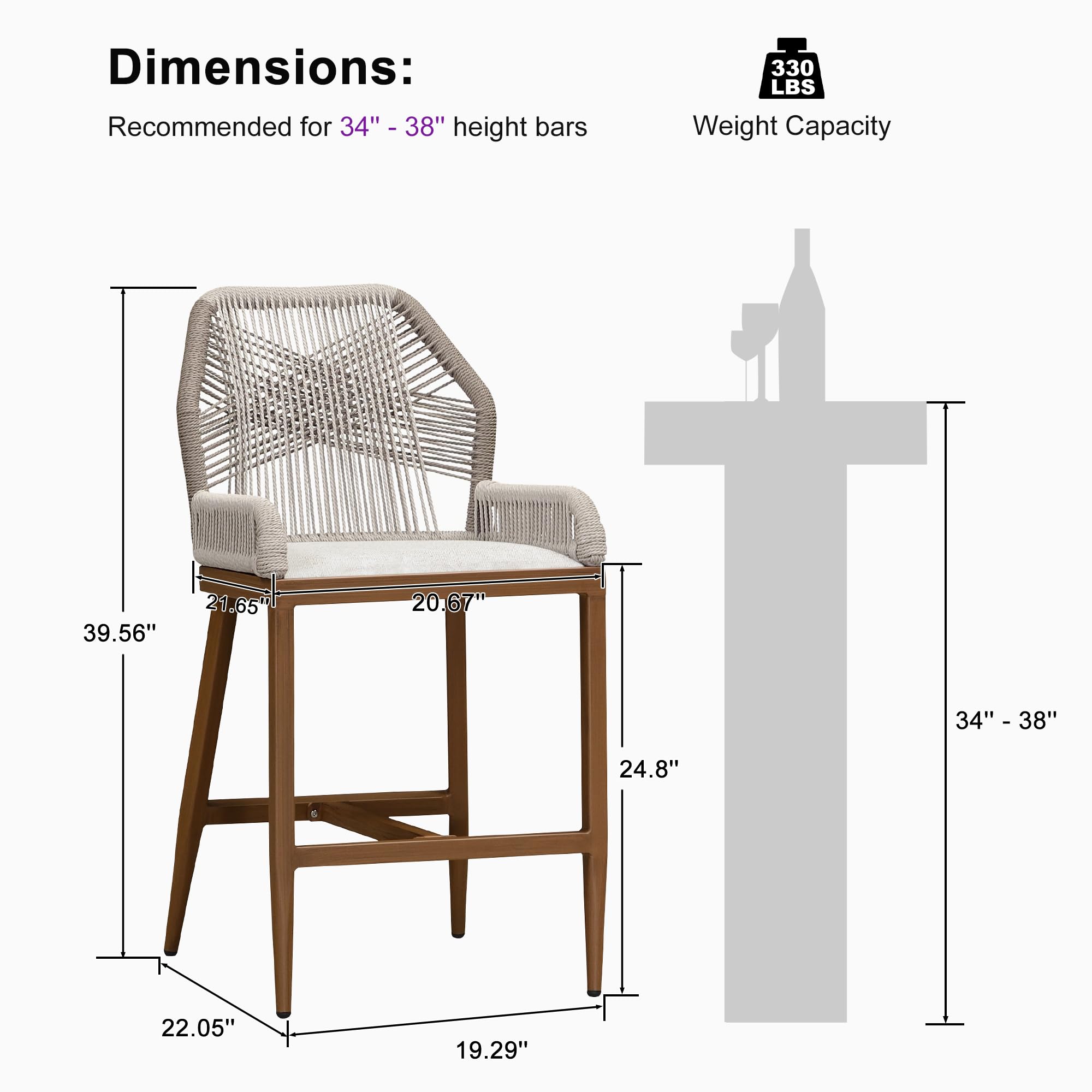 PURPLE LEAF 2 Pieces Counter Height Bar Stools Patio Boho Rattan Barstools Aluminum Woven Bar Chairs with Cushions for Outdoor Kitchen Island Garden